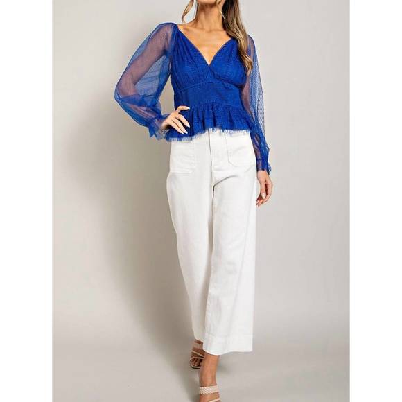eesome | Tops | New Eesome V Neck Mesh Dot Sleeve Blouse In Royal Blue ...